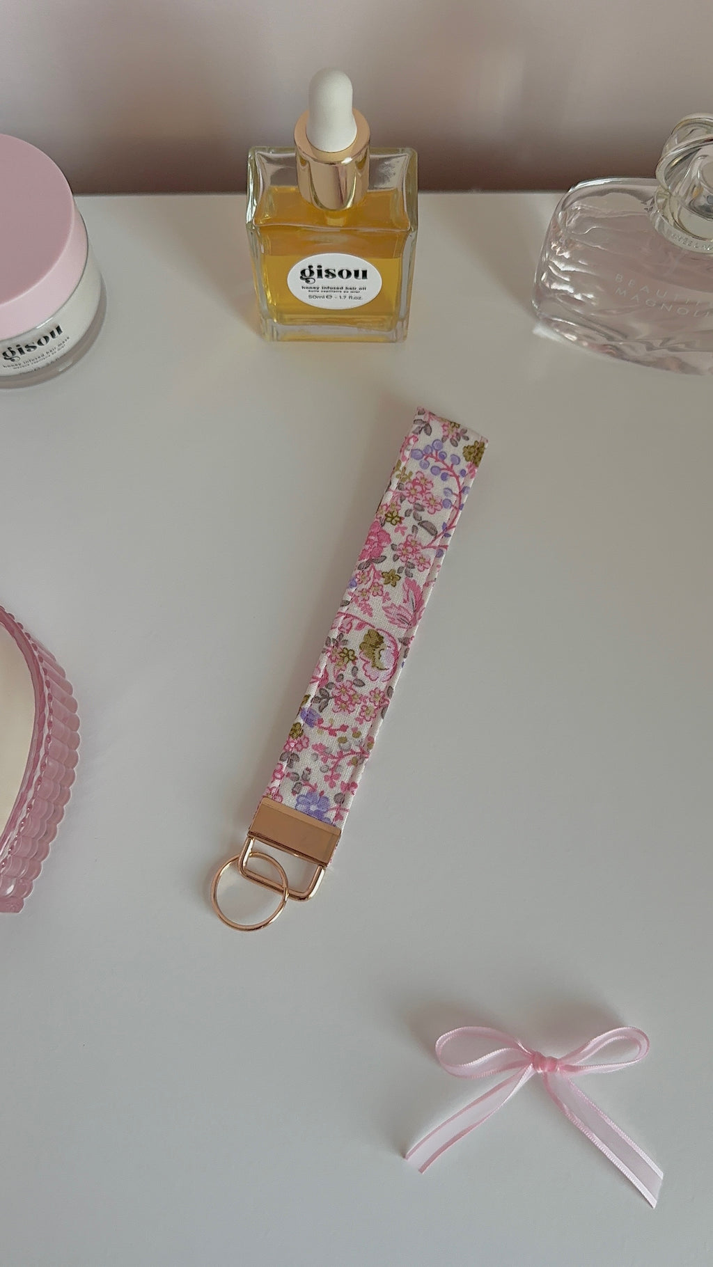 Floral Wristlet Keychain: Handmade Cotton Key Fob - Coquette Style